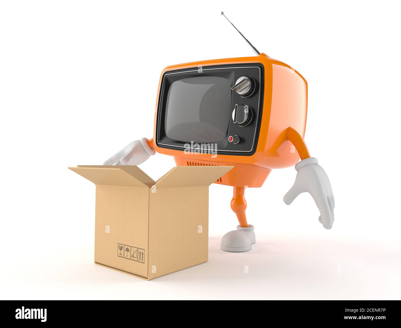 Retro TV character with open box isolated on white background Stock ...