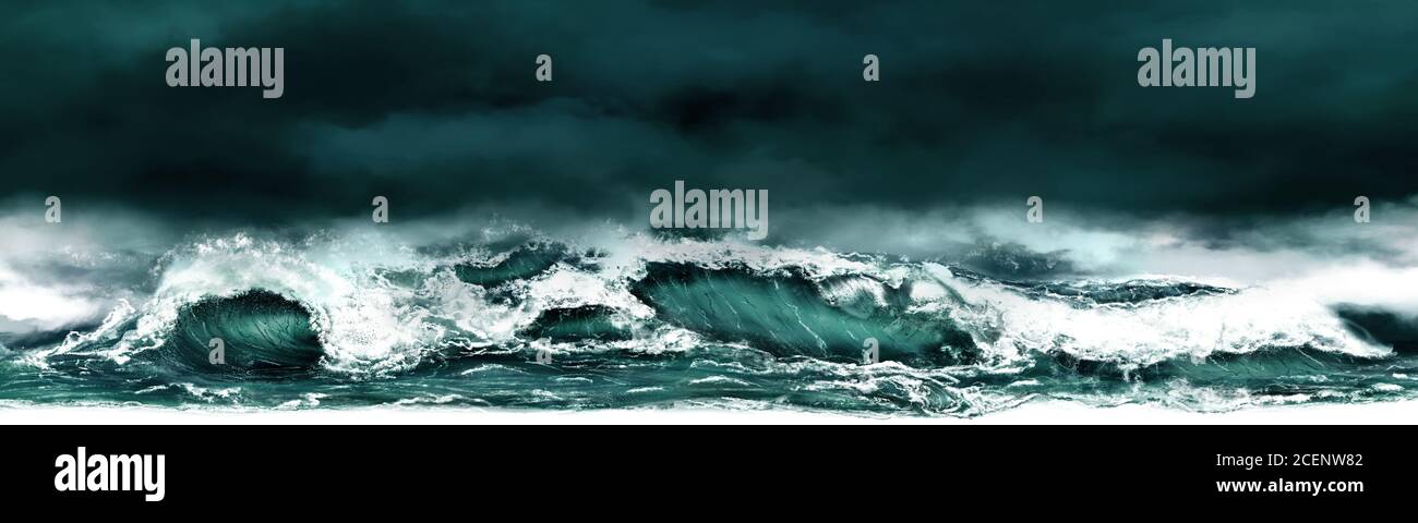 Beautiful turquoise sea in a storm. Horizontal panorama banner. Digital ...
