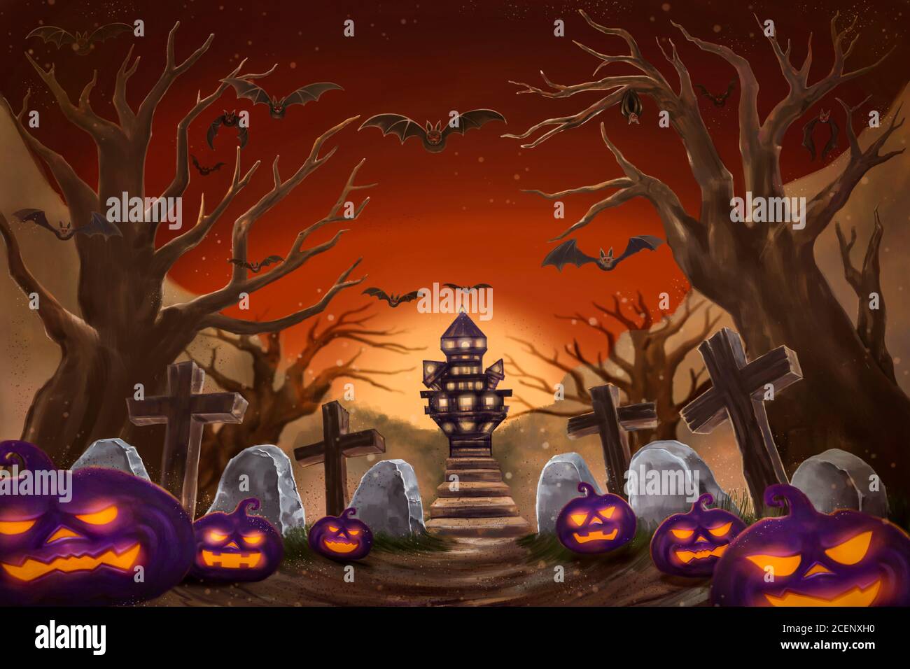 Halloween night background with pumpkin, haunted house and full moon ...