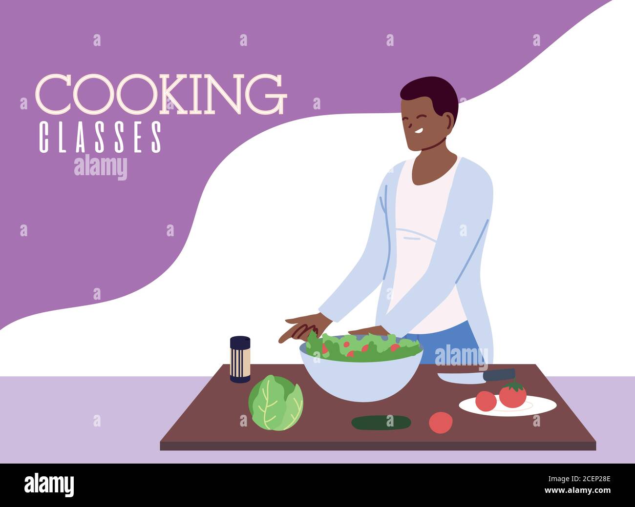 young man cook preparing healthy food in cooking classes vector ...