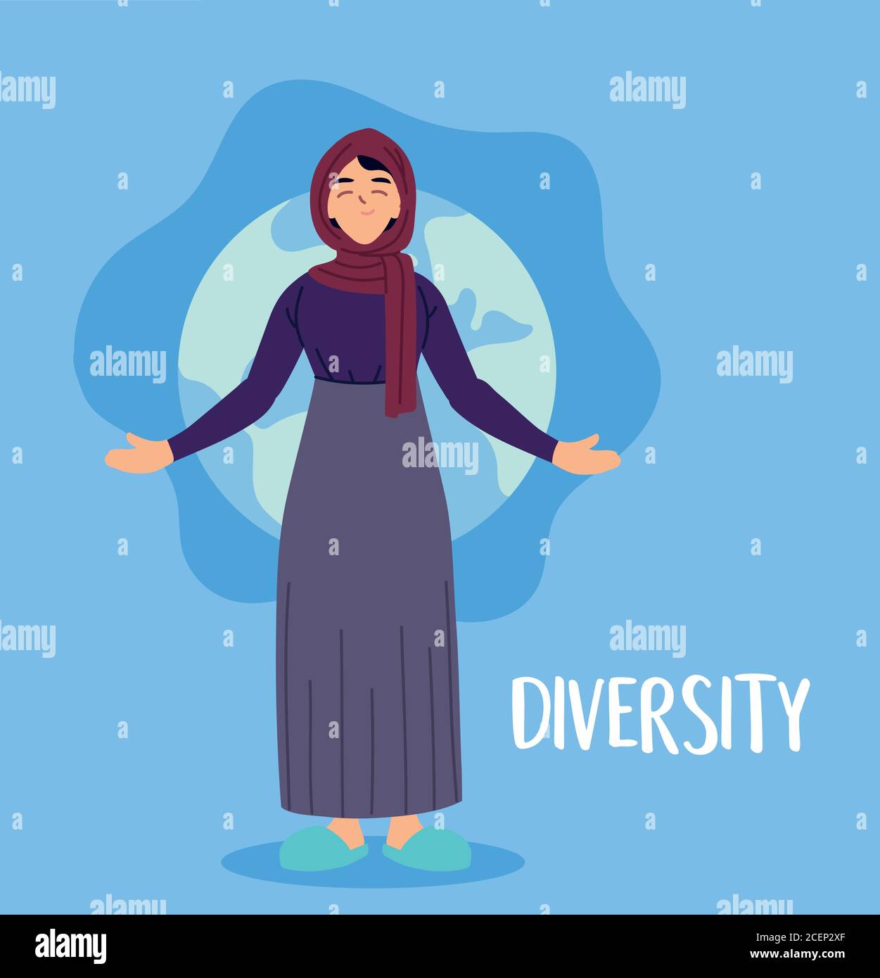 muslim woman cartoon in front of world sphere design, diversity people ...