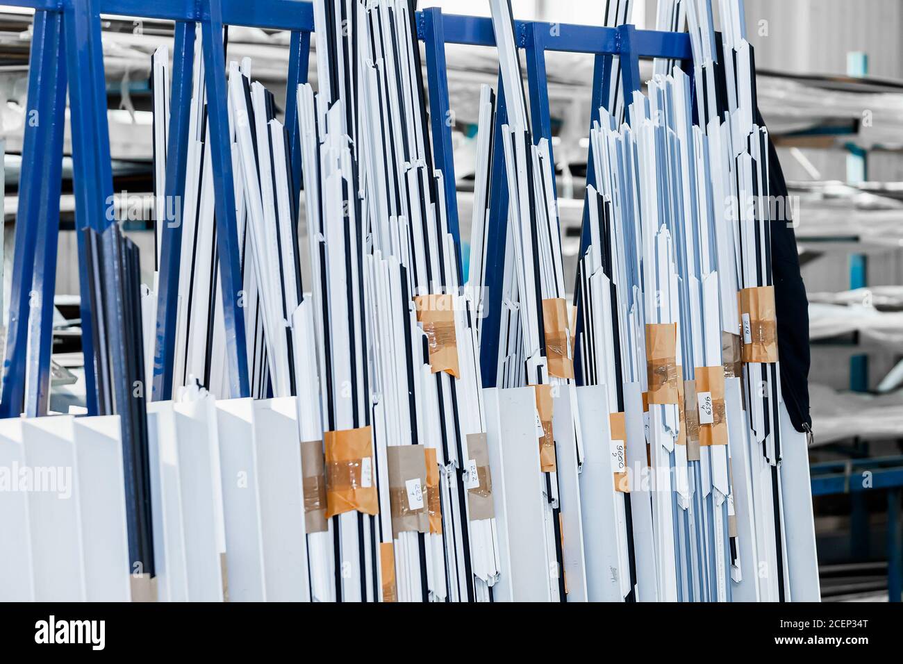 Production of plastic windows. On special trolleys for transportation ...