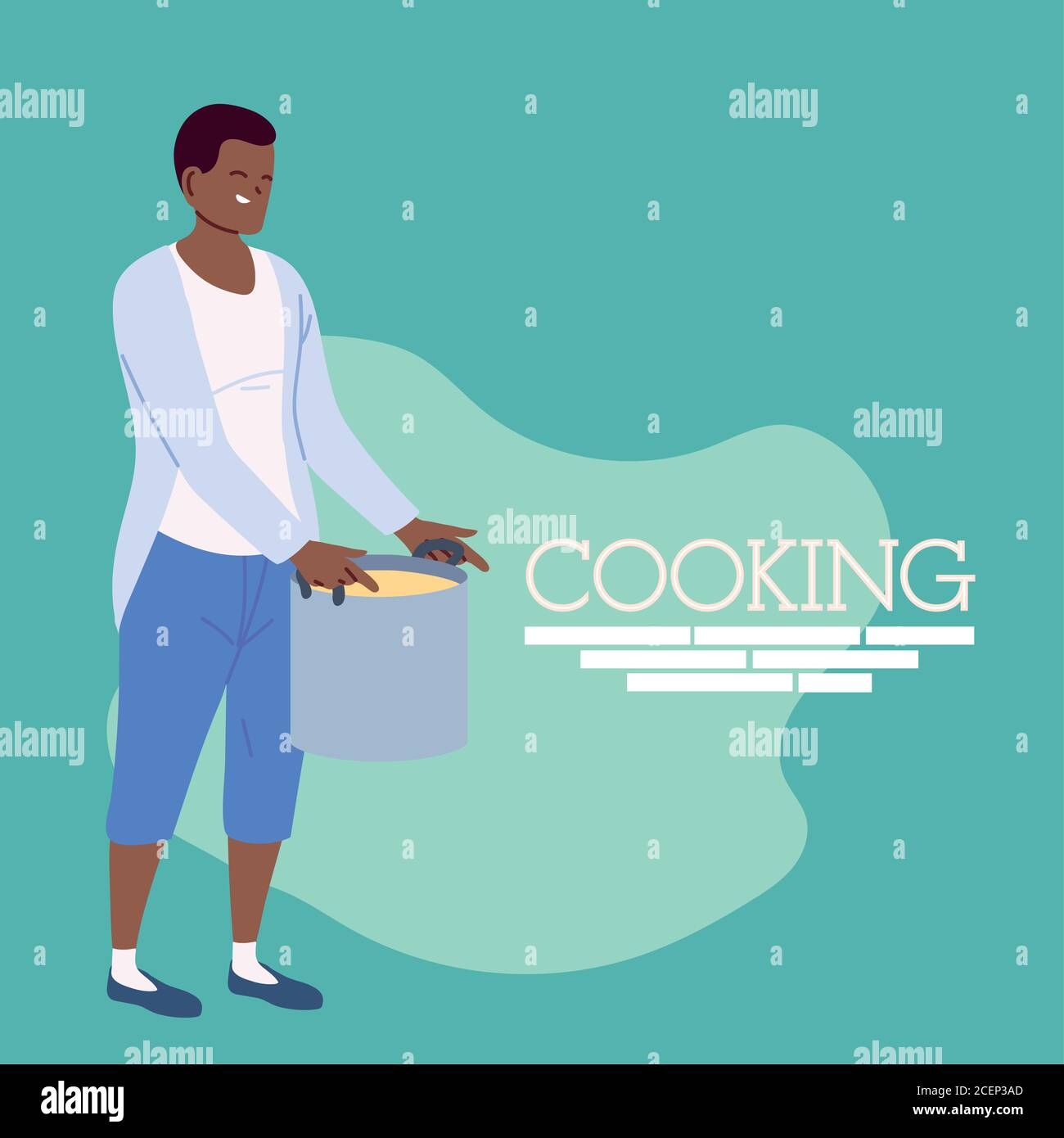 Young cook man with a big pot on green background vector illustration ...