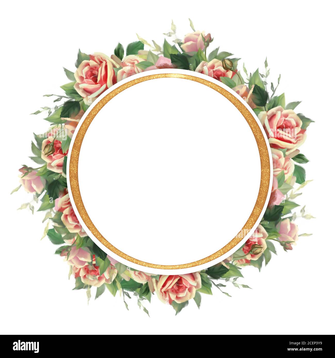 Gold round frame with flowers and leaves isolated on white Stock Photo ...