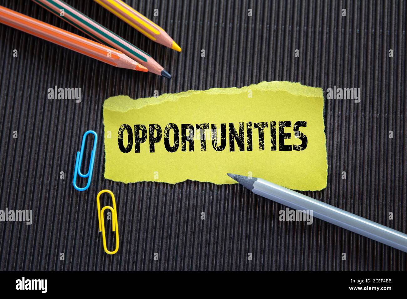 OPPORTUNITIES. Business and career concept. Text on torn, colored paper ...