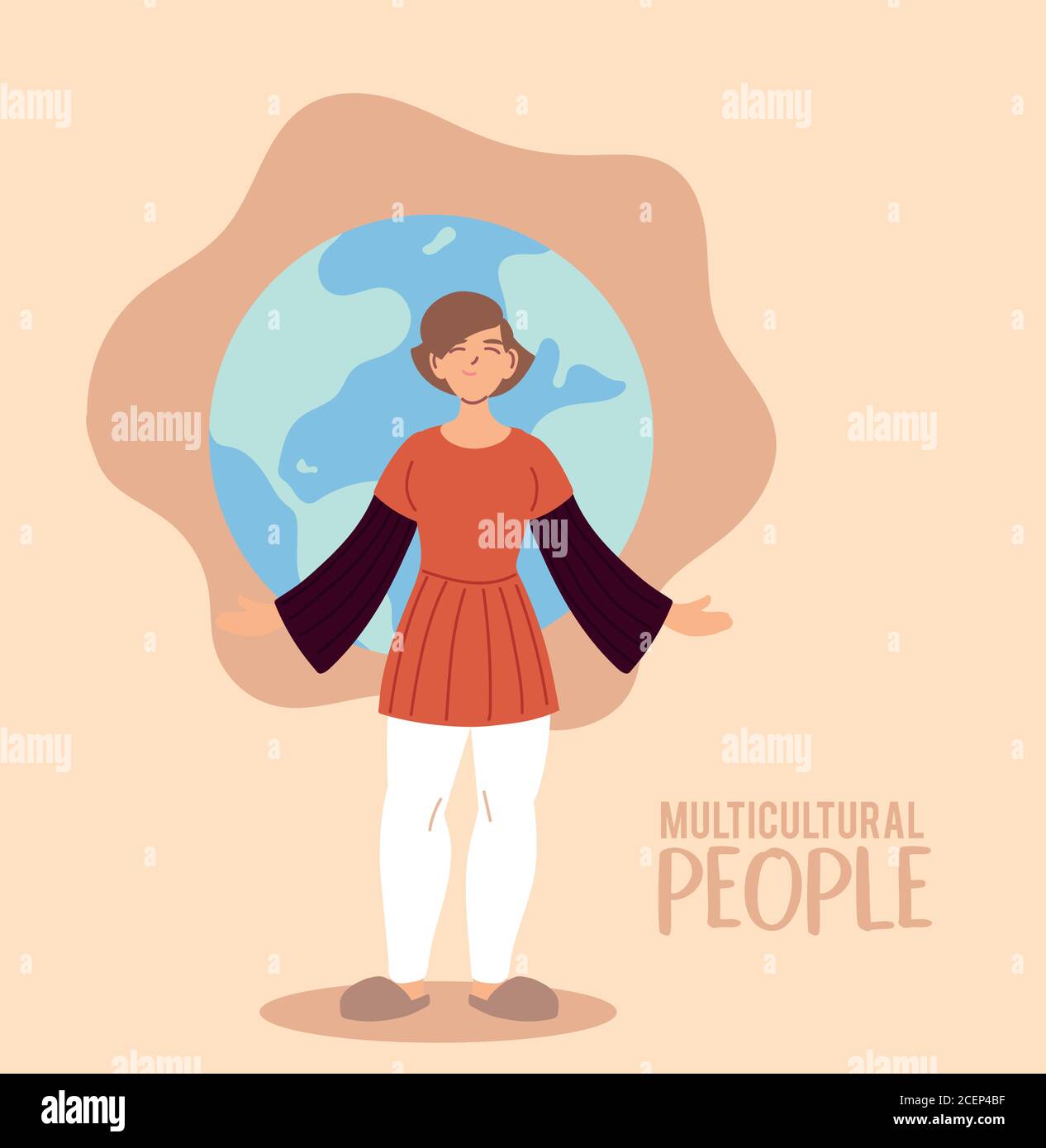 european woman cartoon in front of world sphere design, diversity ...
