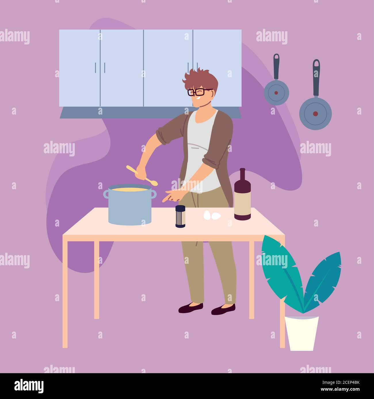 young man cooked a delicious soup in the kitchen vector illustration ...