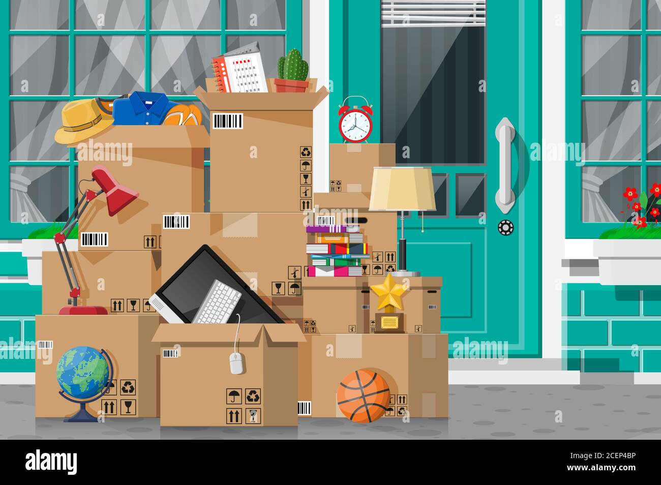 Moving to new house. Family relocated to new home. Paper cardboard ...