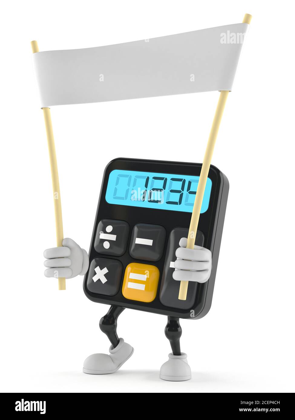 Calculator character holding blank banner isolated on white background ...