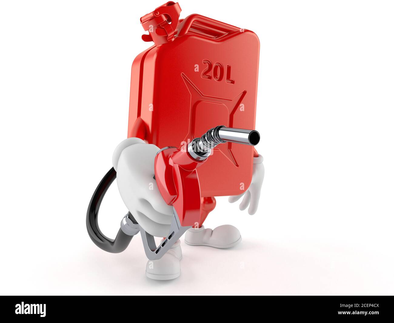 Petrol canister character holding gasoline nozzle isolated on white ...