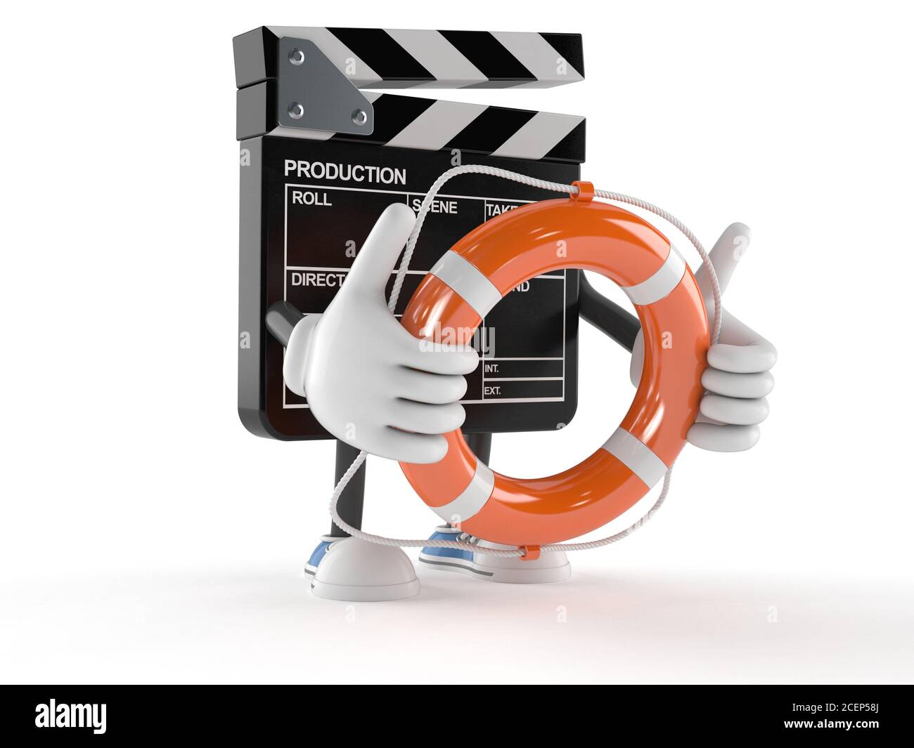 Film slate character holding life buoy isolated on white background ...
