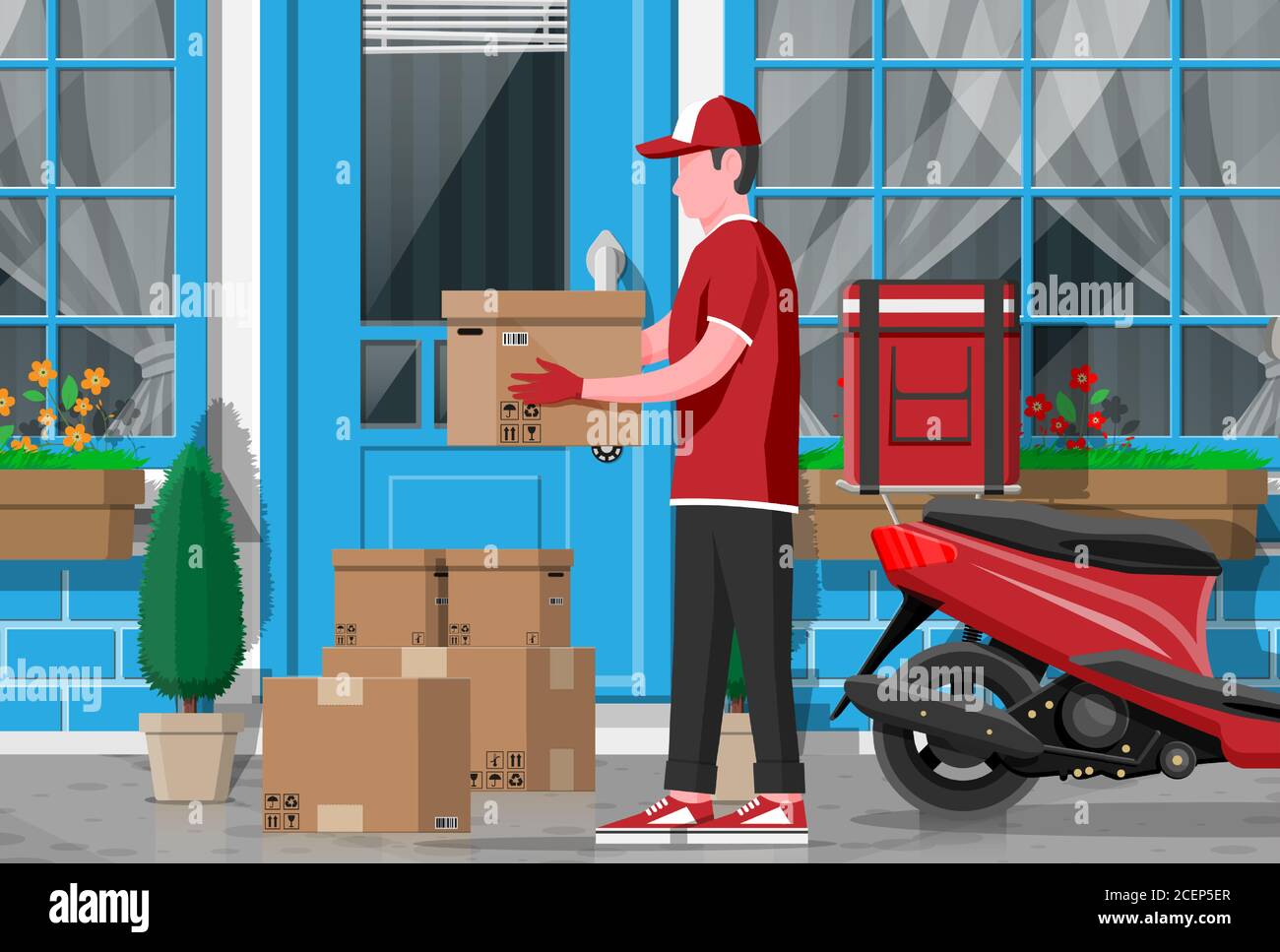 Man left cardboard boxes with goods near house facade. Courier ...