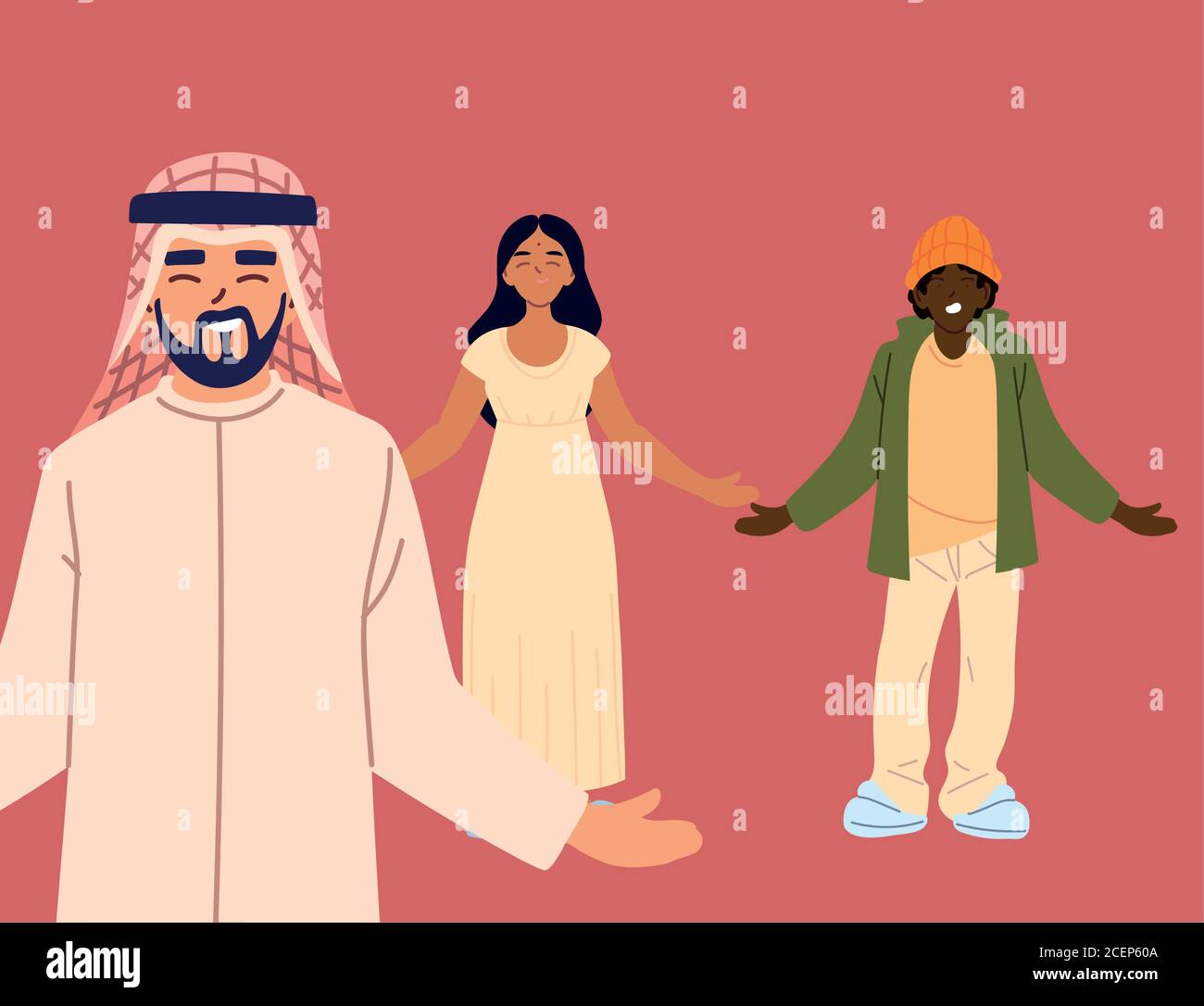 arabish man in front of indian woman and black man cartoons design ...