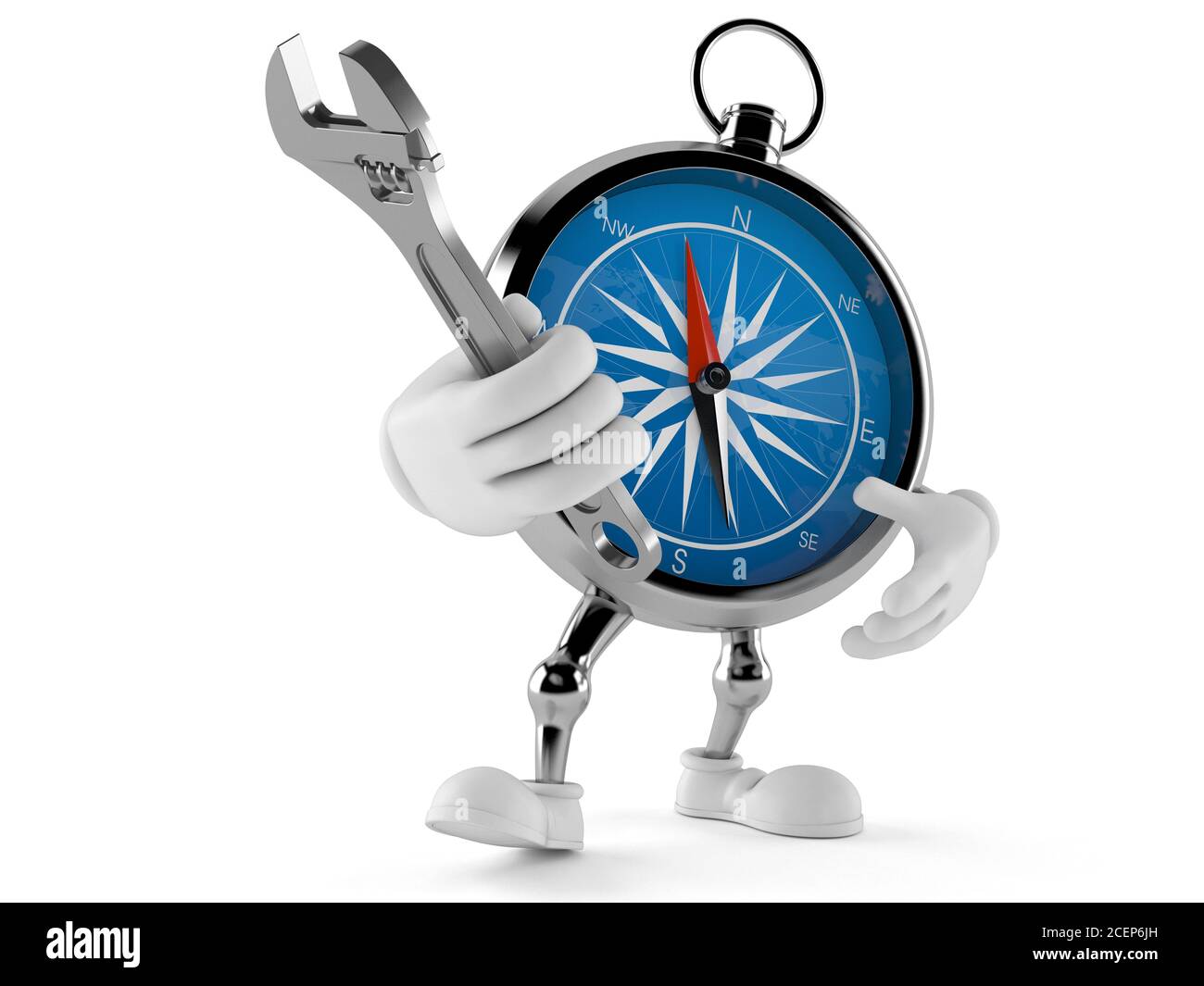 Compass character holding adjustable wrench isolated on white ...