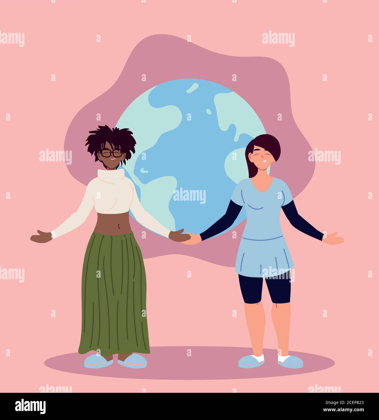 black and latin women cartoons with world sphere design, diversity ...