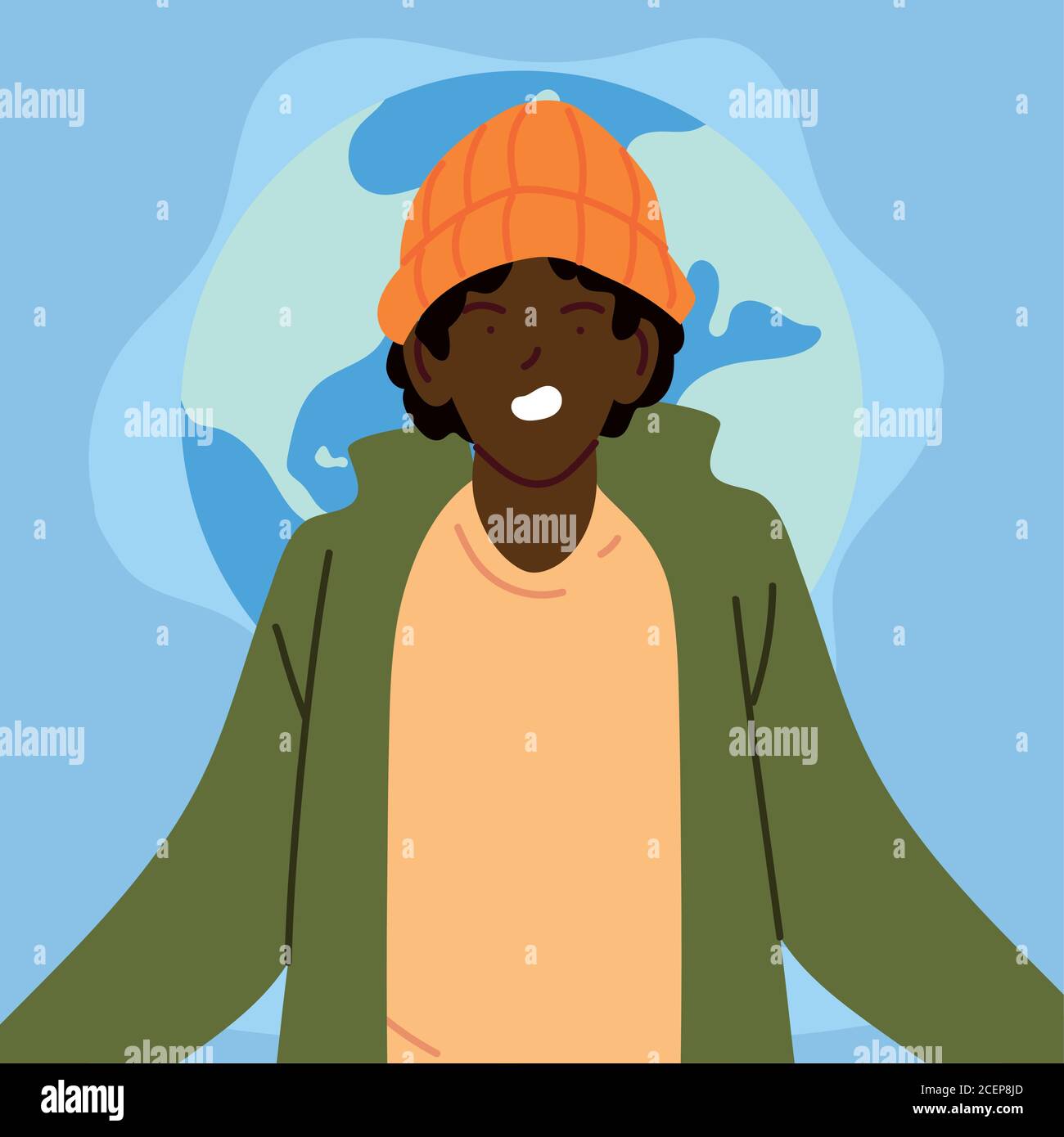 black man cartoon in front of world sphere design, diversity people ...