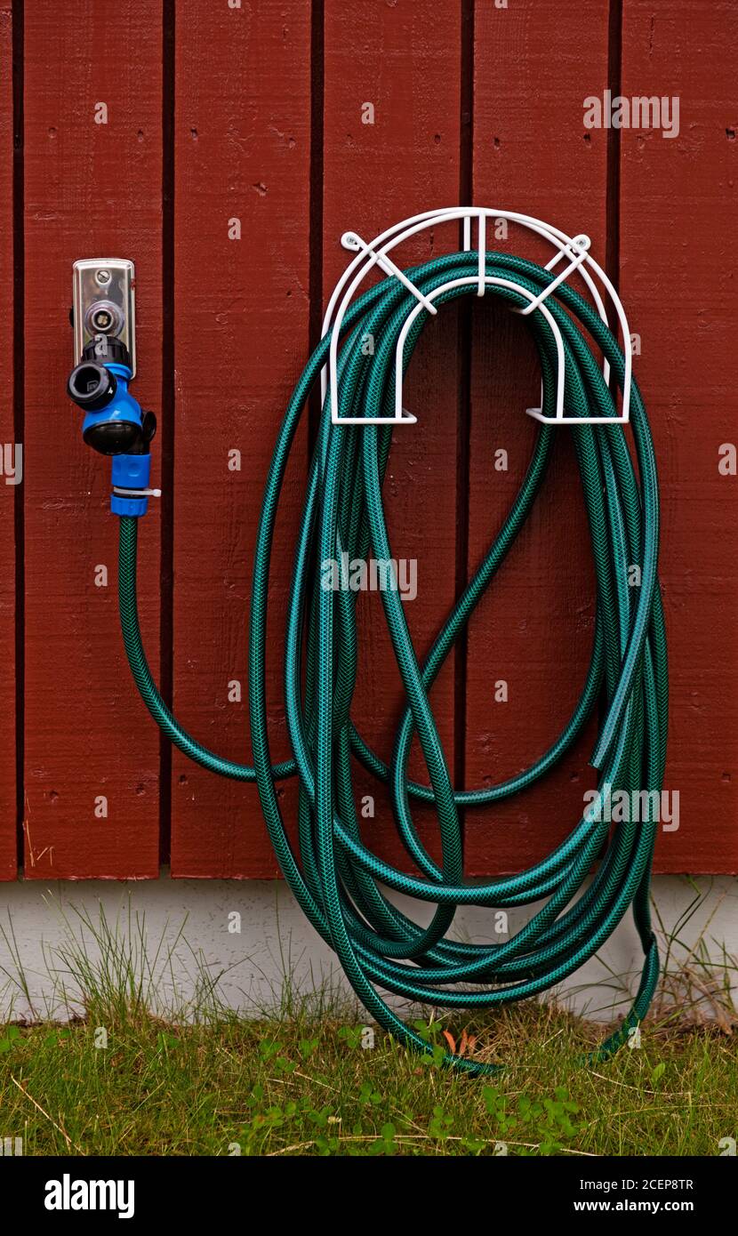 green water hose hanging on wall Stock Photo - Alamy