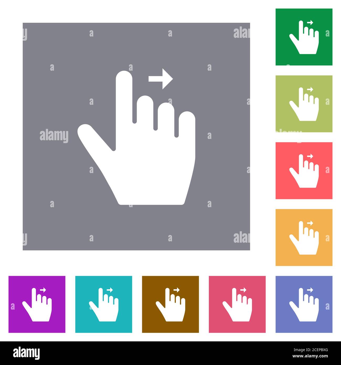 Right handed move right gesture flat icons on simple color square ...