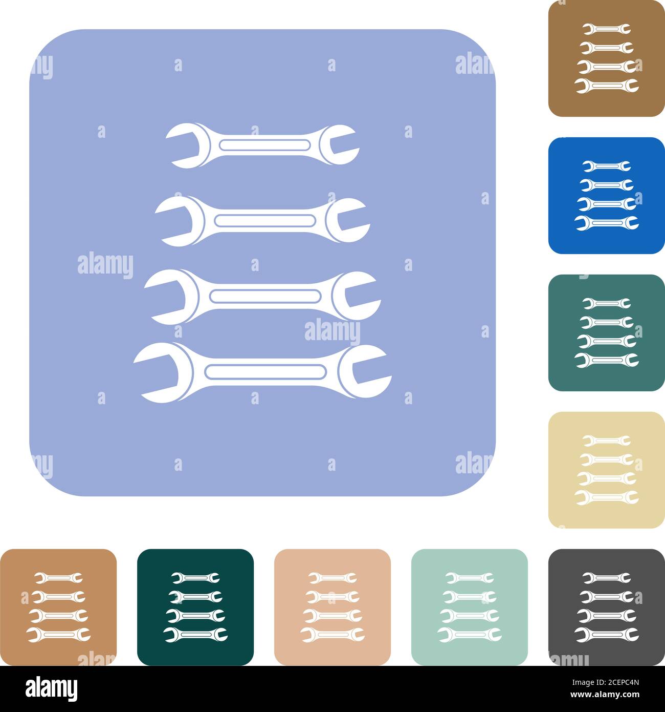 Set of wrenches white flat icons on color rounded square backgrounds ...