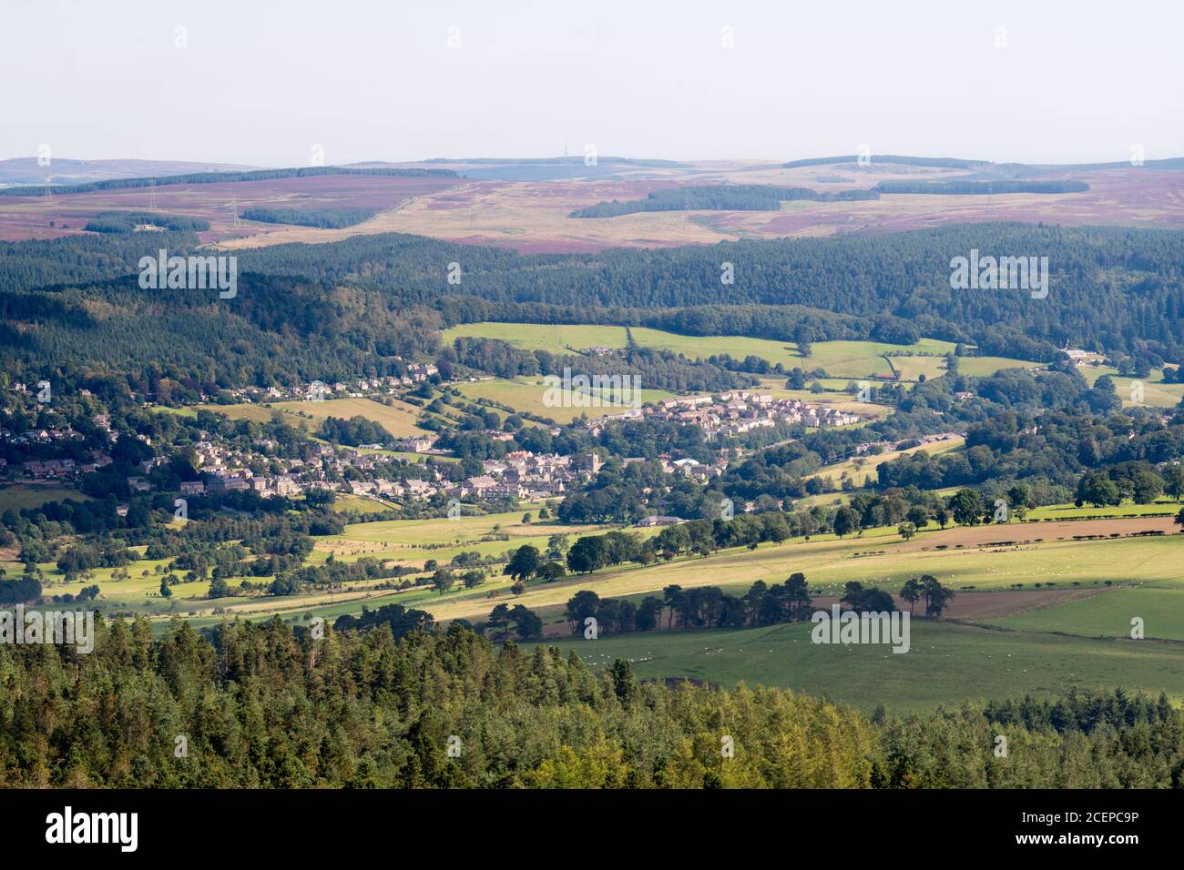 The town of Rothbury seen from Simonside, Northumberland, England, UK ...
