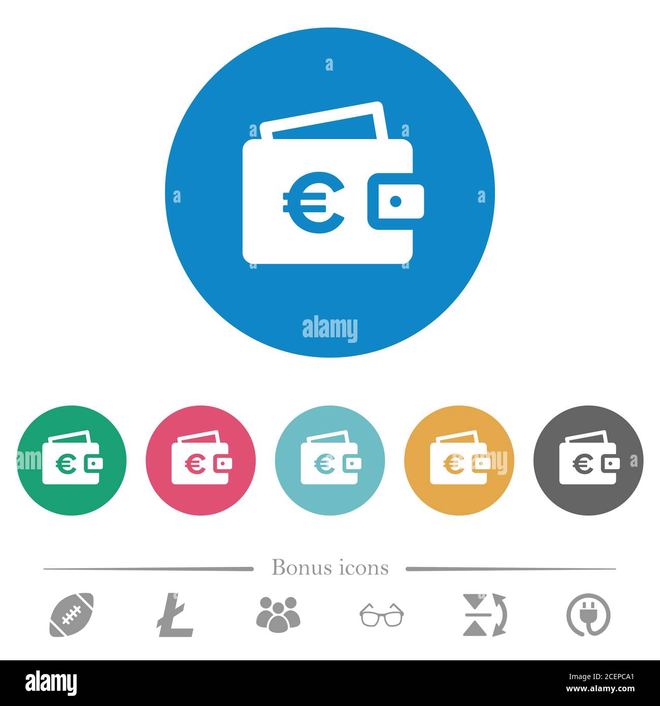 Euro wallet flat white icons on round color backgrounds. 6 bonus icons ...