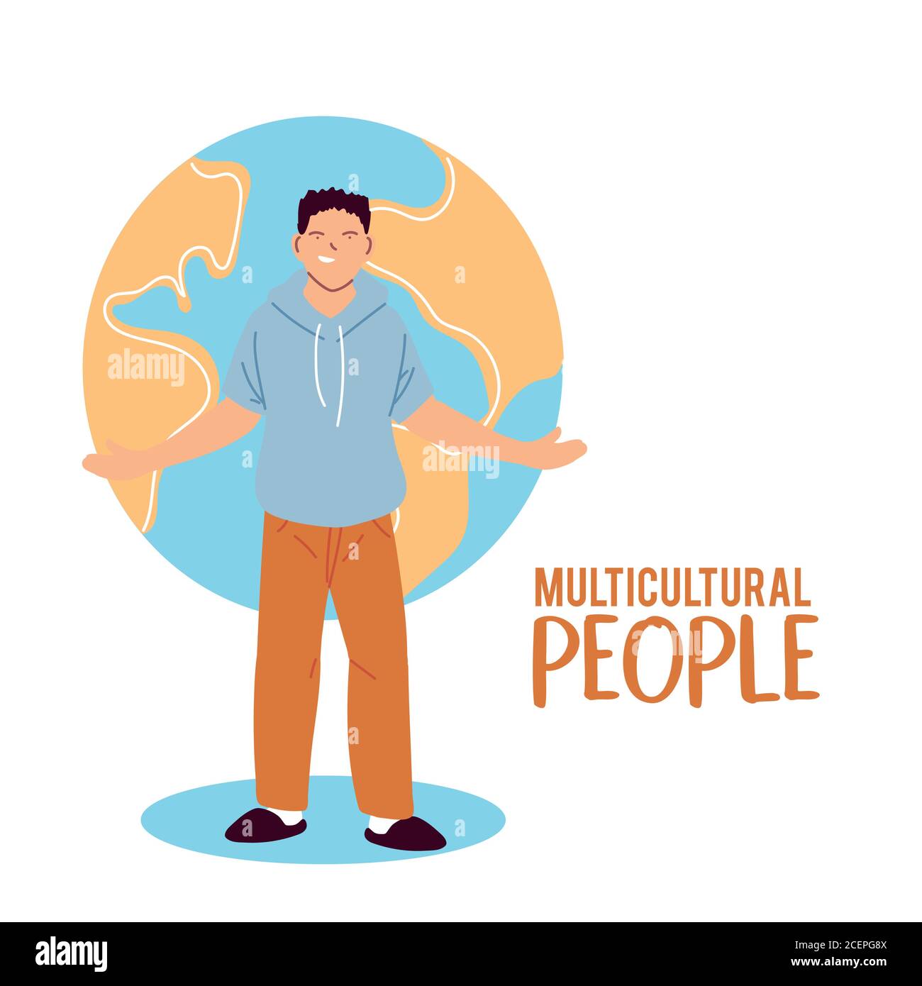 asian man cartoon in front of world sphere design, diversity people ...