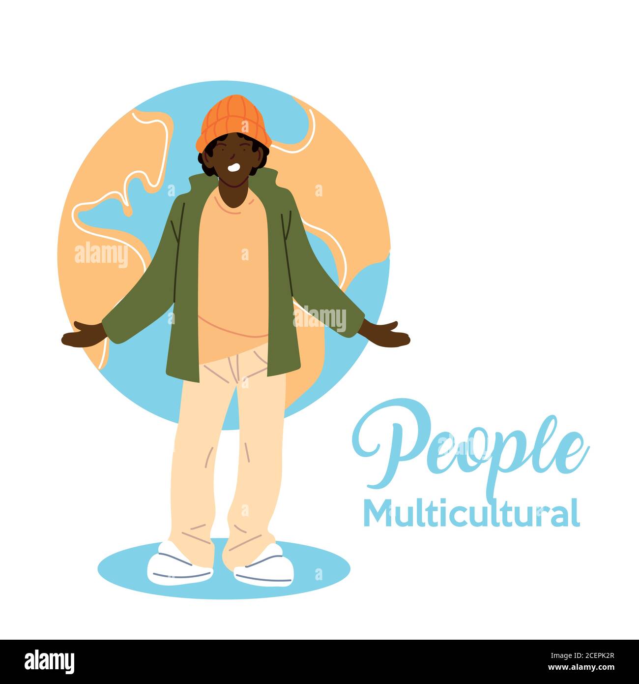 black man cartoon in front of world sphere design, diversity people ...