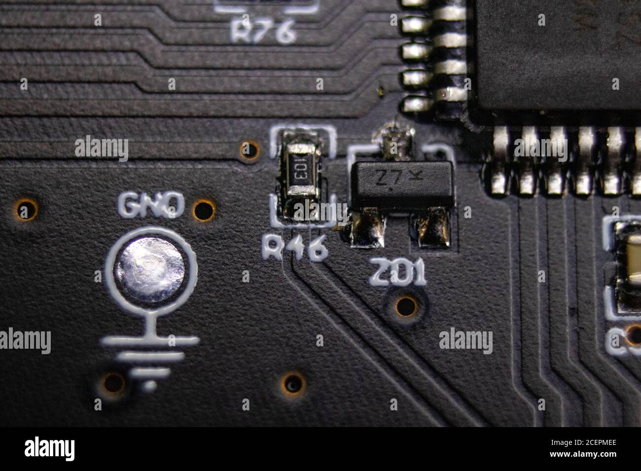 sharp close up for ground test point next to microcontroller Stock ...