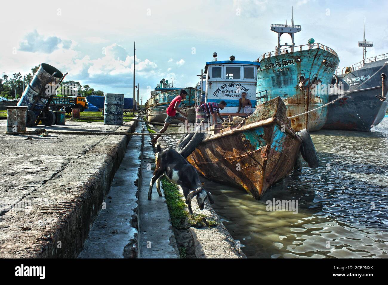 Cargo vessel anchored at the BIWT Ghat, Khulna, Bangladesh Stock Photo ...