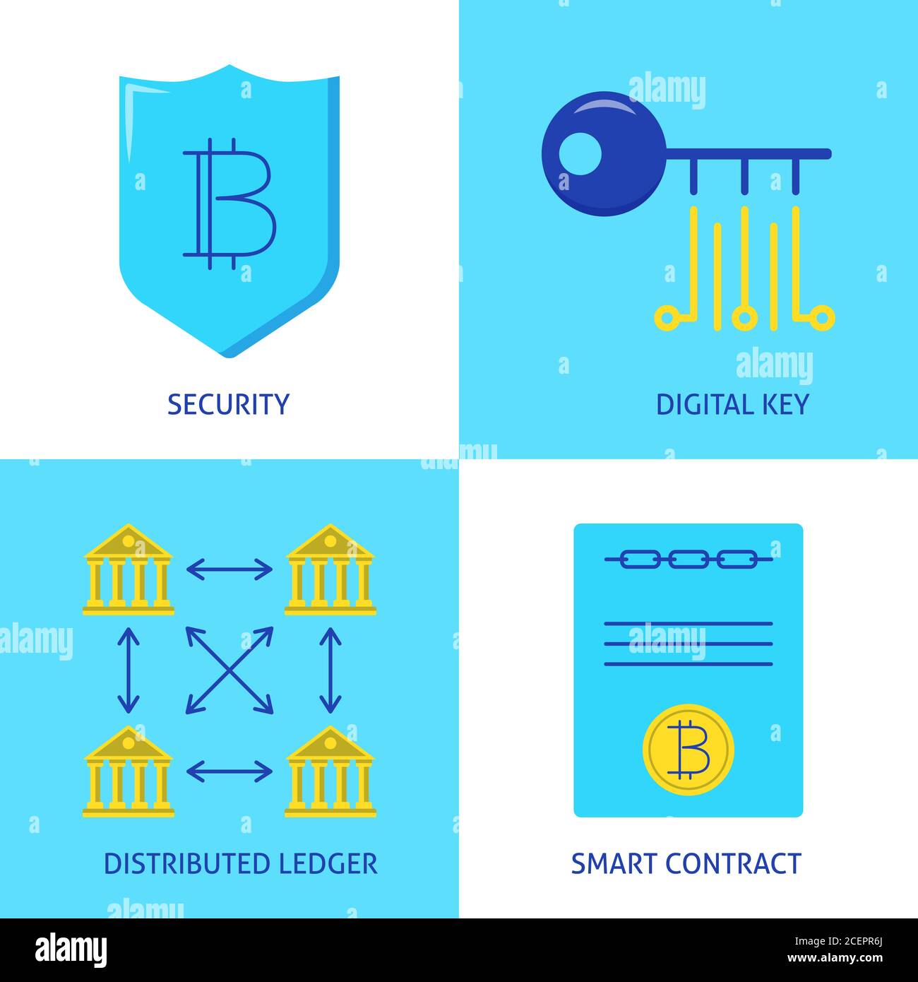 Cryptocurrency transactions icon set in flat style. Bitcoin security, distributed ledger ...