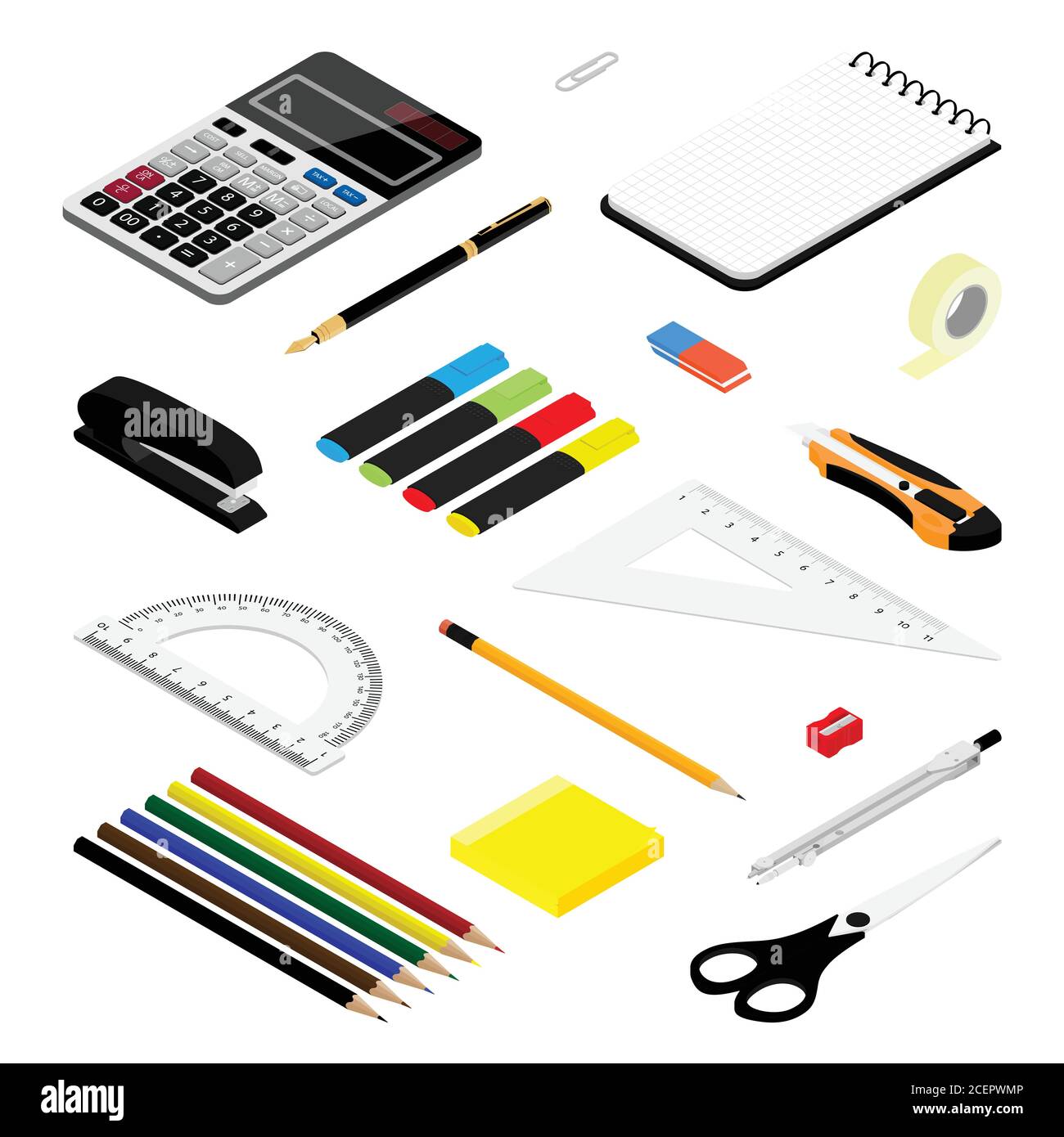 Isometric office stationery set. Collection includes adhesive tape ...