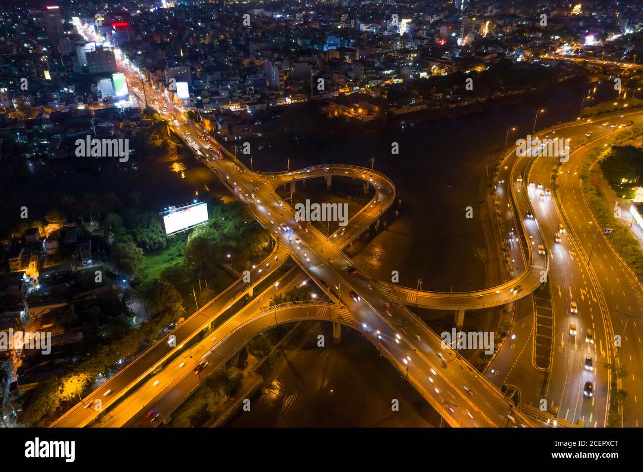 wide angle erial view of freeway interchange offramp and bridge over ...