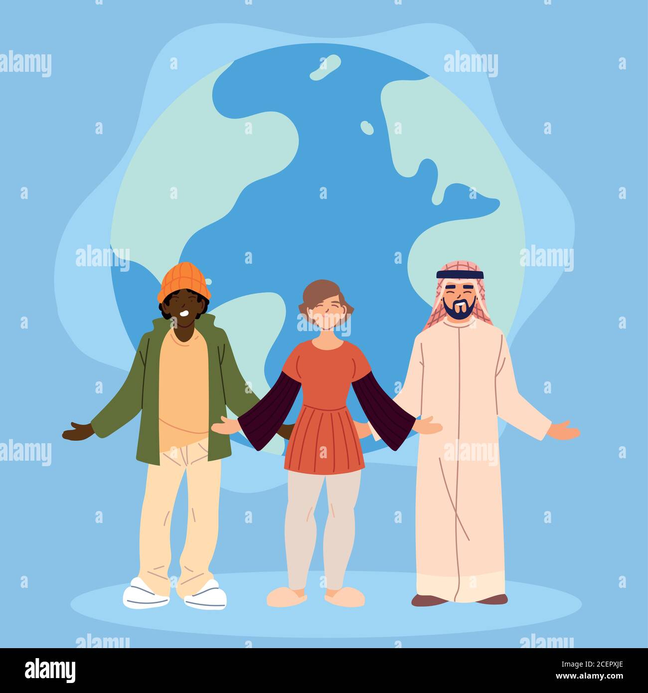 woman black and arabish men cartoons with world sphere design ...