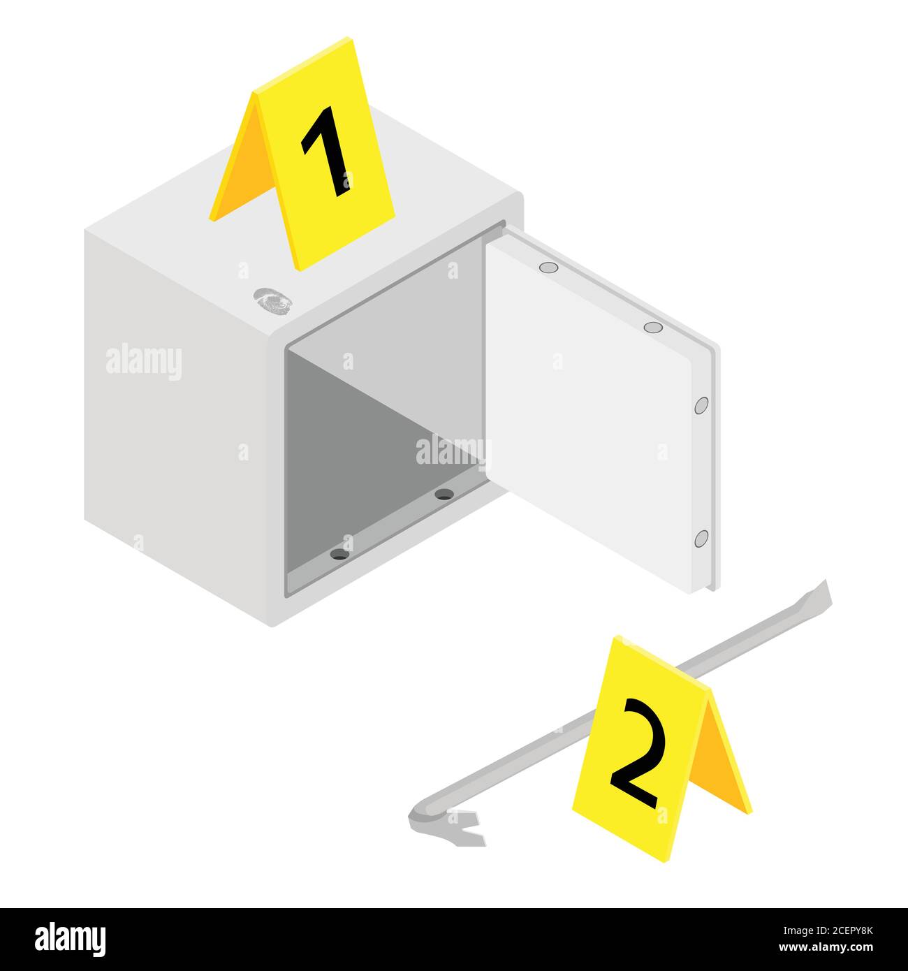 Metal steel money bank safe and crowbar with yellow evidence markers ...