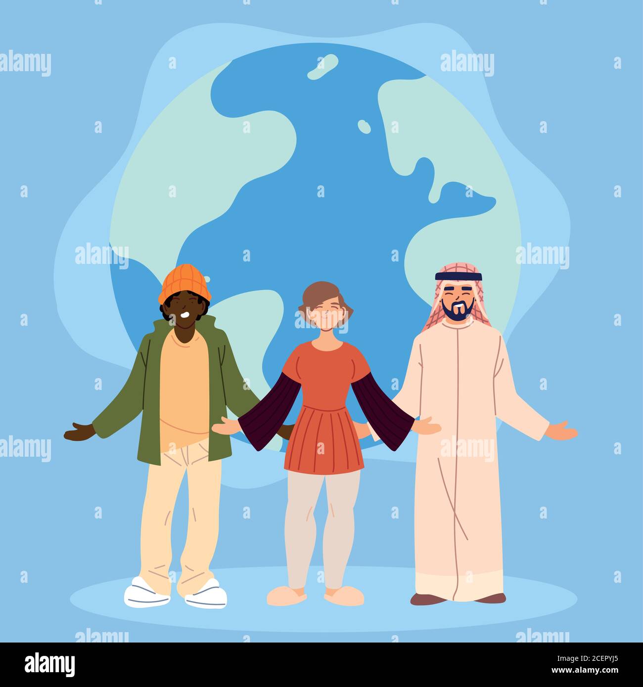 woman black and arabish men cartoons with world sphere design ...