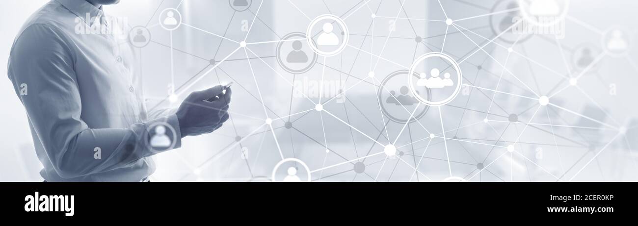 Background conceptual image with social connection lines on panoramic ...