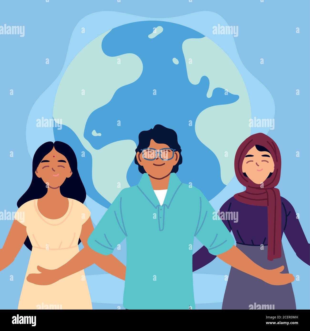 indian muslim women and man cartoons with world sphere design ...