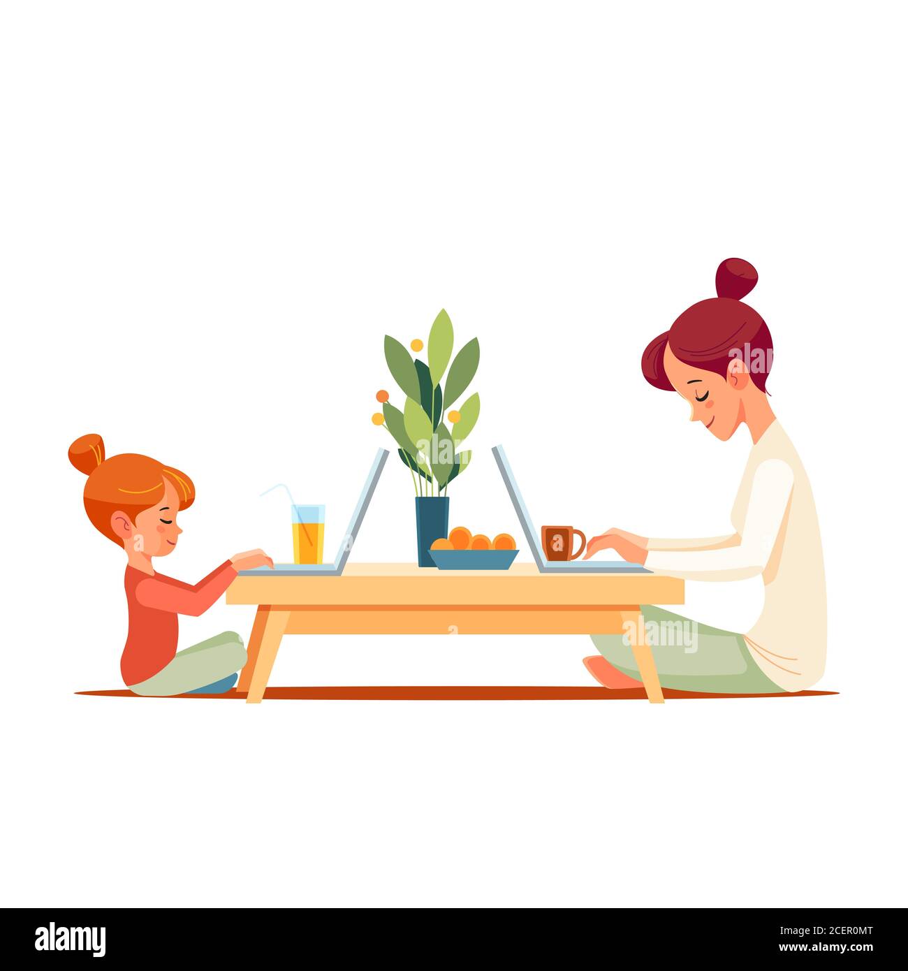 Working mother works from home office with kid. Freelancer workplace ...