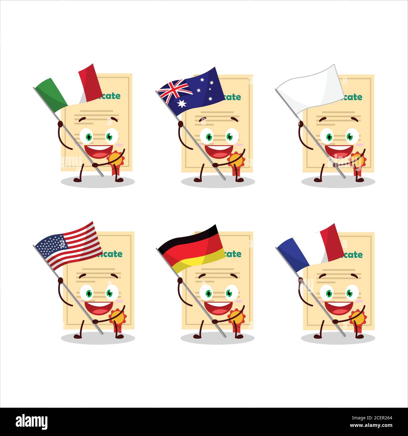 Award paper cartoon character bring the flags of various countries ...