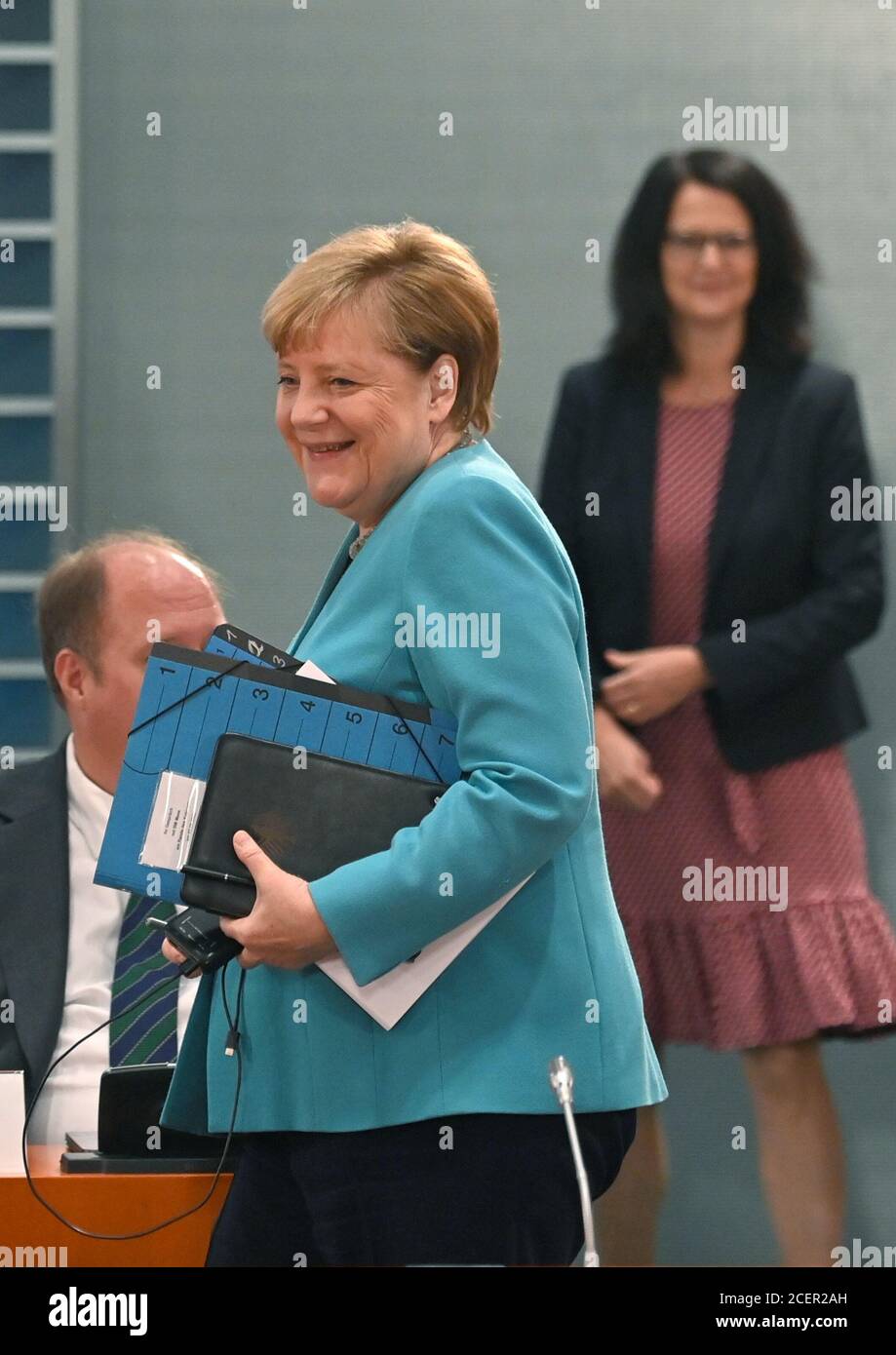 Berlin, Germany. 2nd Sep 2020. Chancellor Angela Merkel (front) arrives ...