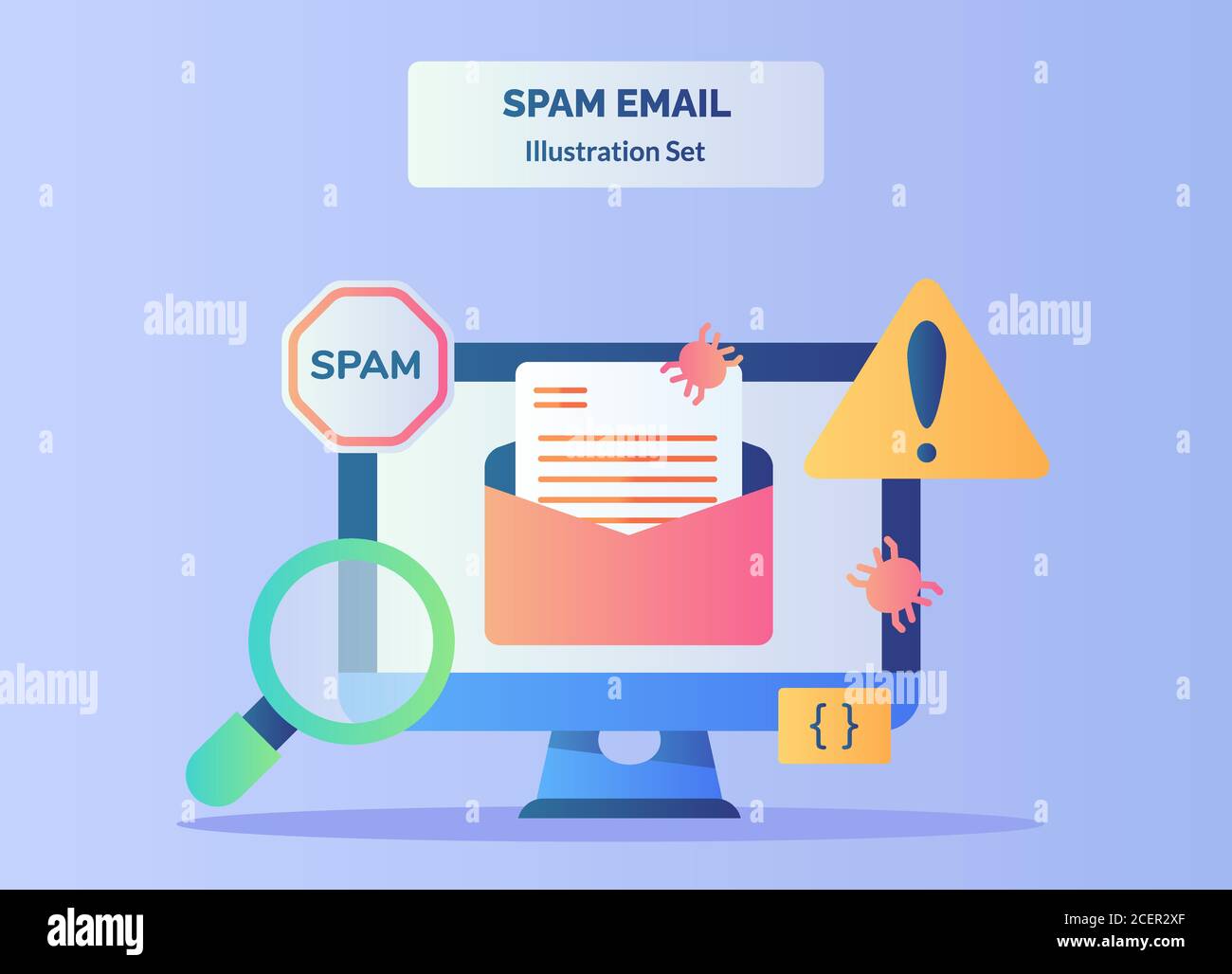 Spam email illustration set warning sign magnifying bug email on display monitor computer with ...