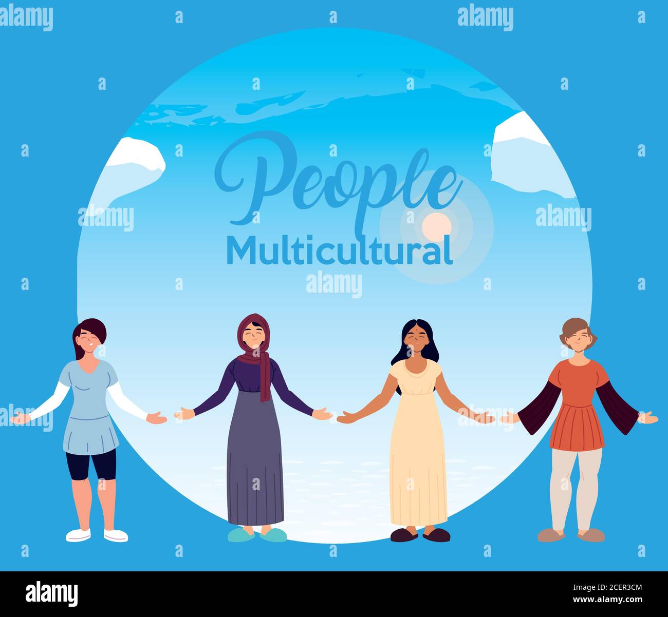 latin muslim indian and european women cartoons in front of sky design ...