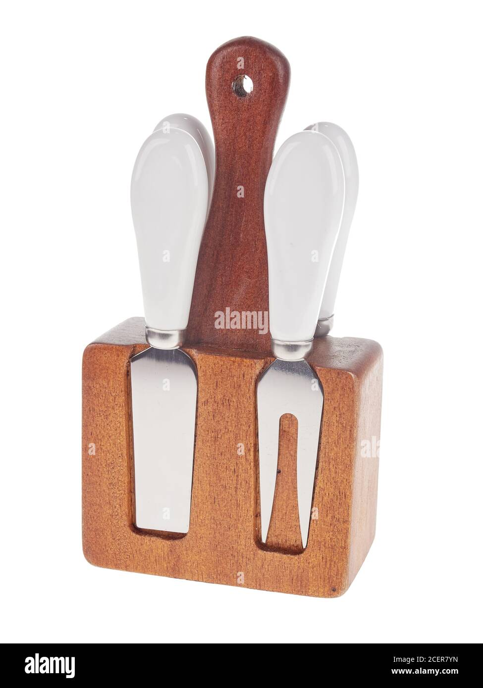 Set of stainless steel cheese cutlery, with white handles and wooden ...
