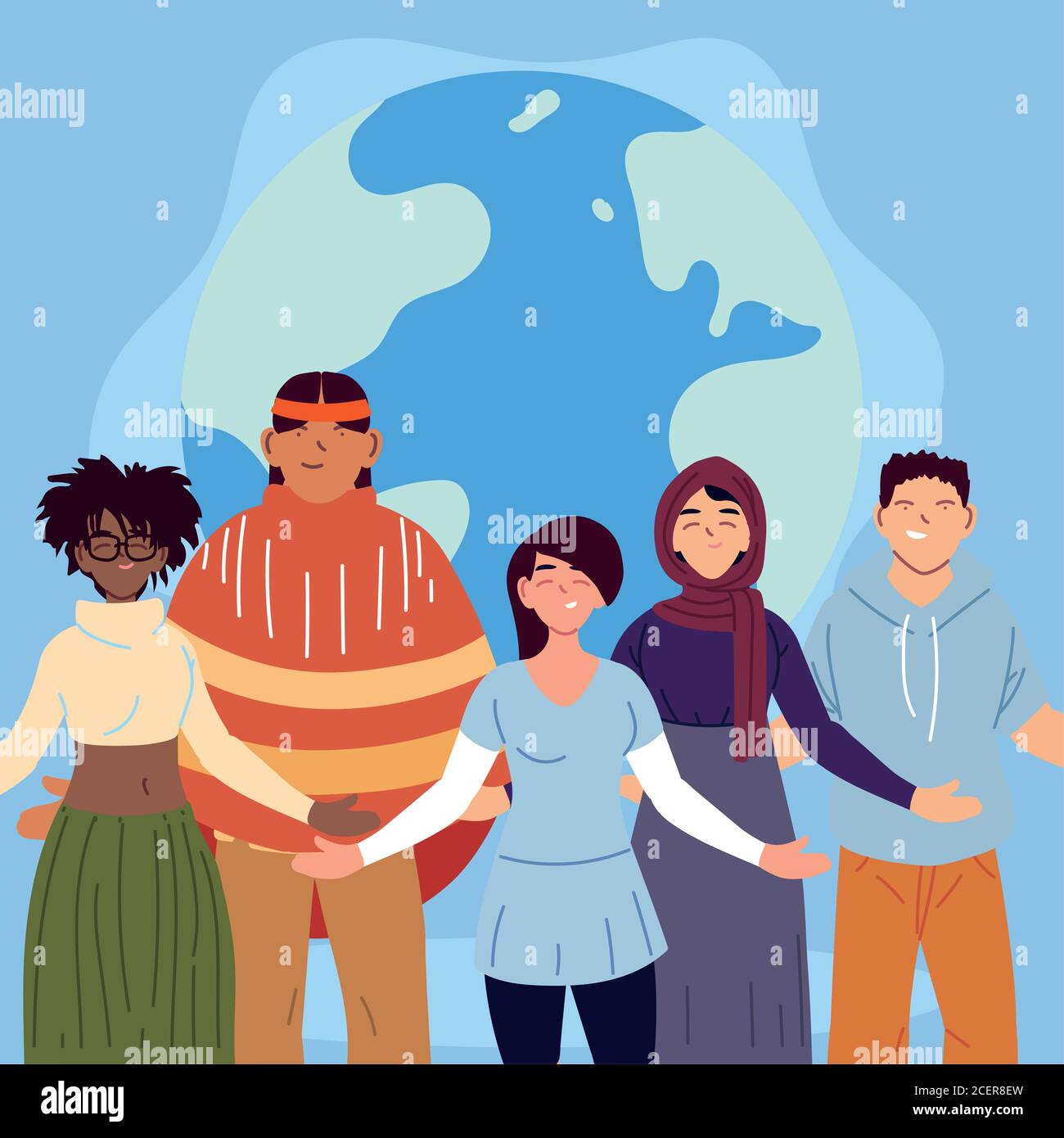 women and men cartoons in front of world sphere design, diversity ...