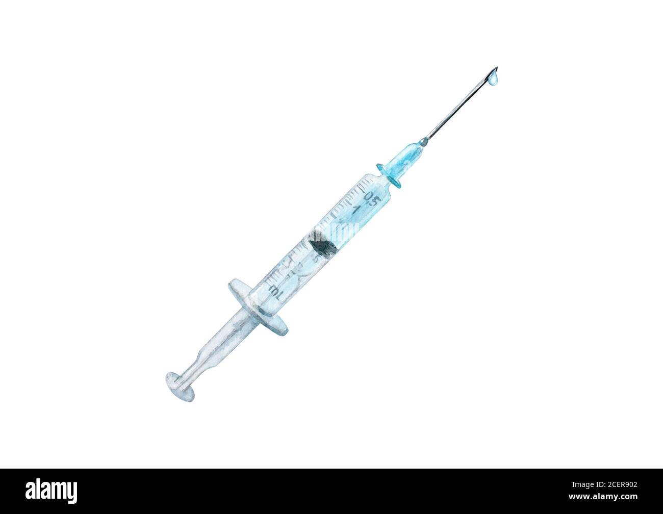 Watercolor plastic medical syringe with transparent medicine, with ...