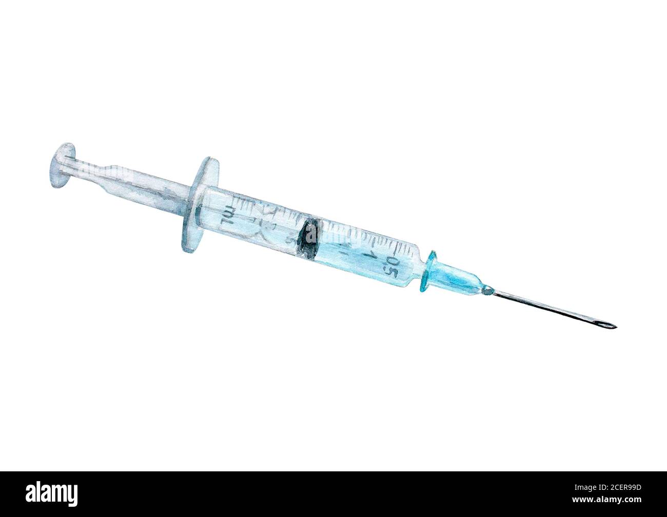 Watercolor plastic medical syringe with transparent medicine, with ...