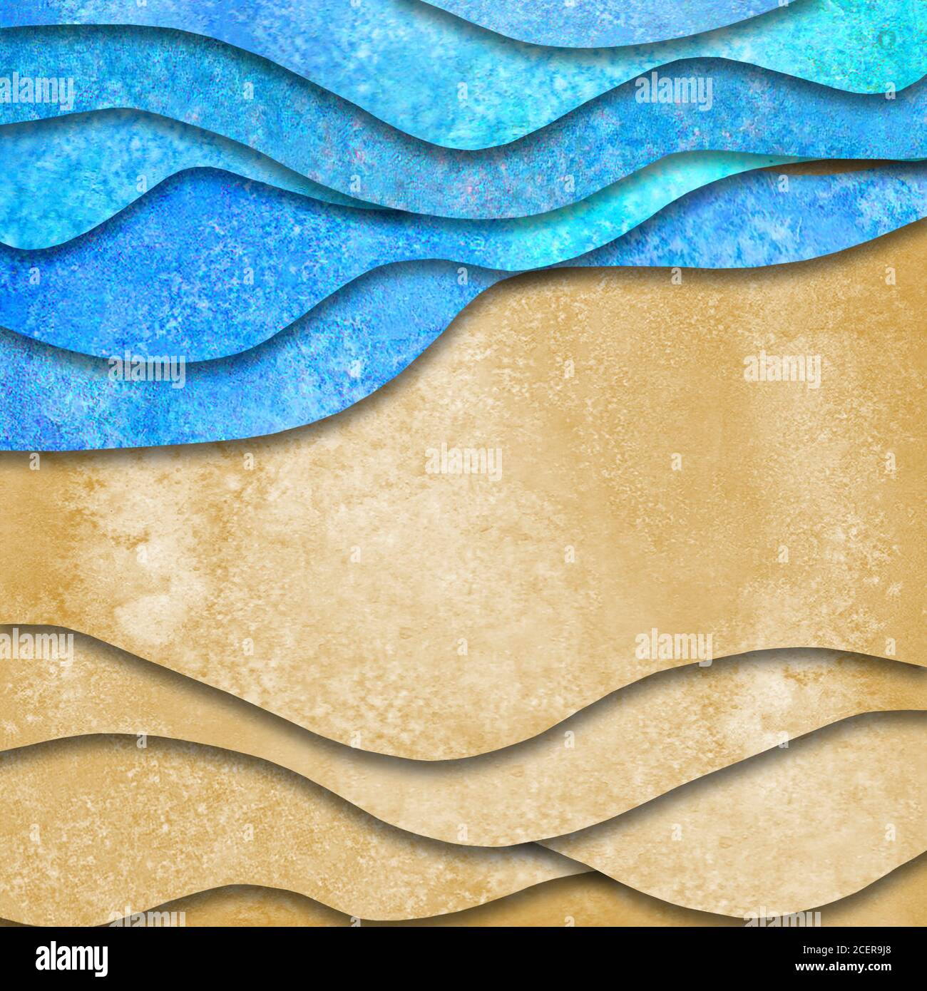 Abstract summer watercolor sea wave, sand beach background. Hand drawn ...