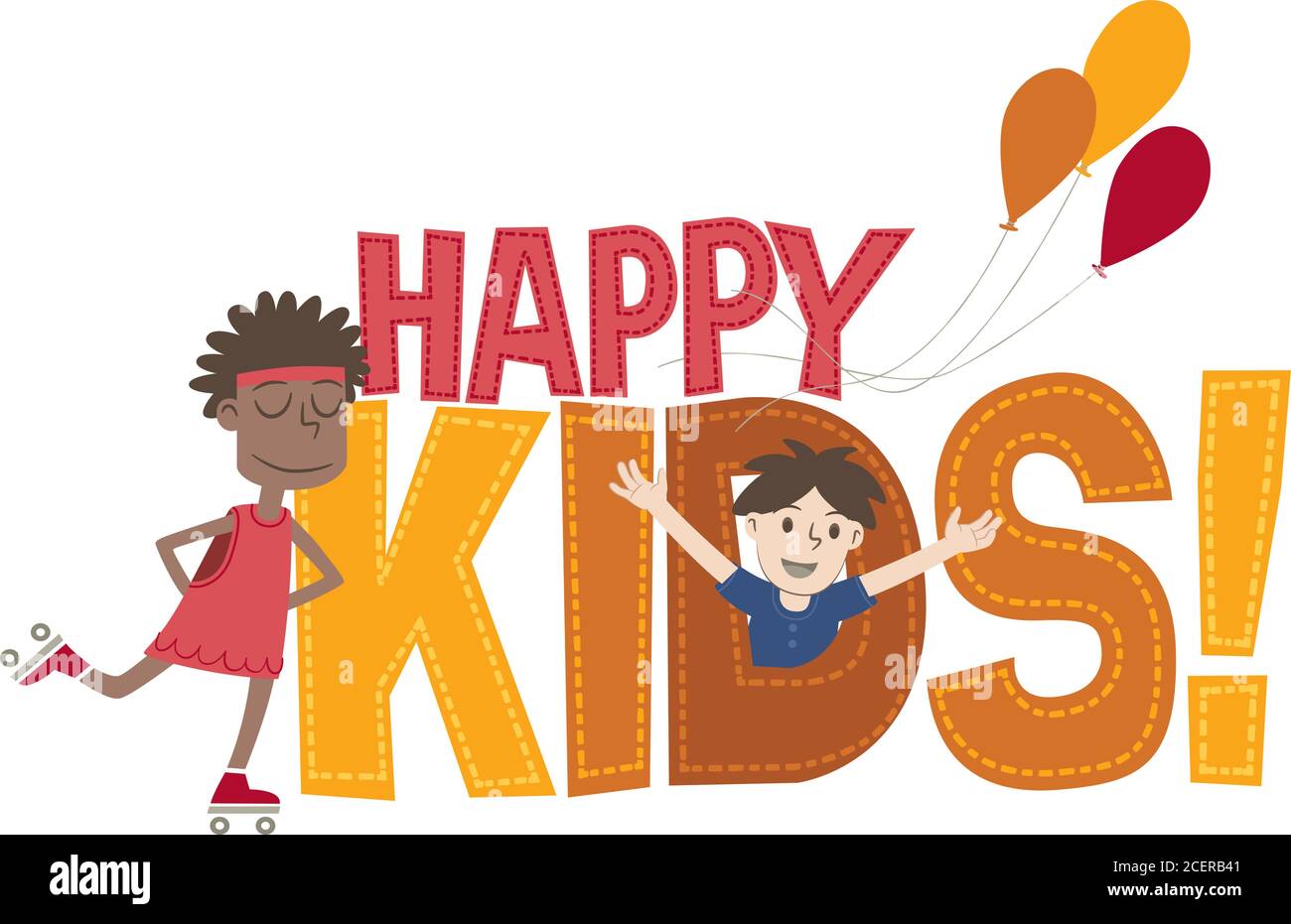 Two children play between the letters of "Happy kids Stock Vector Image ...