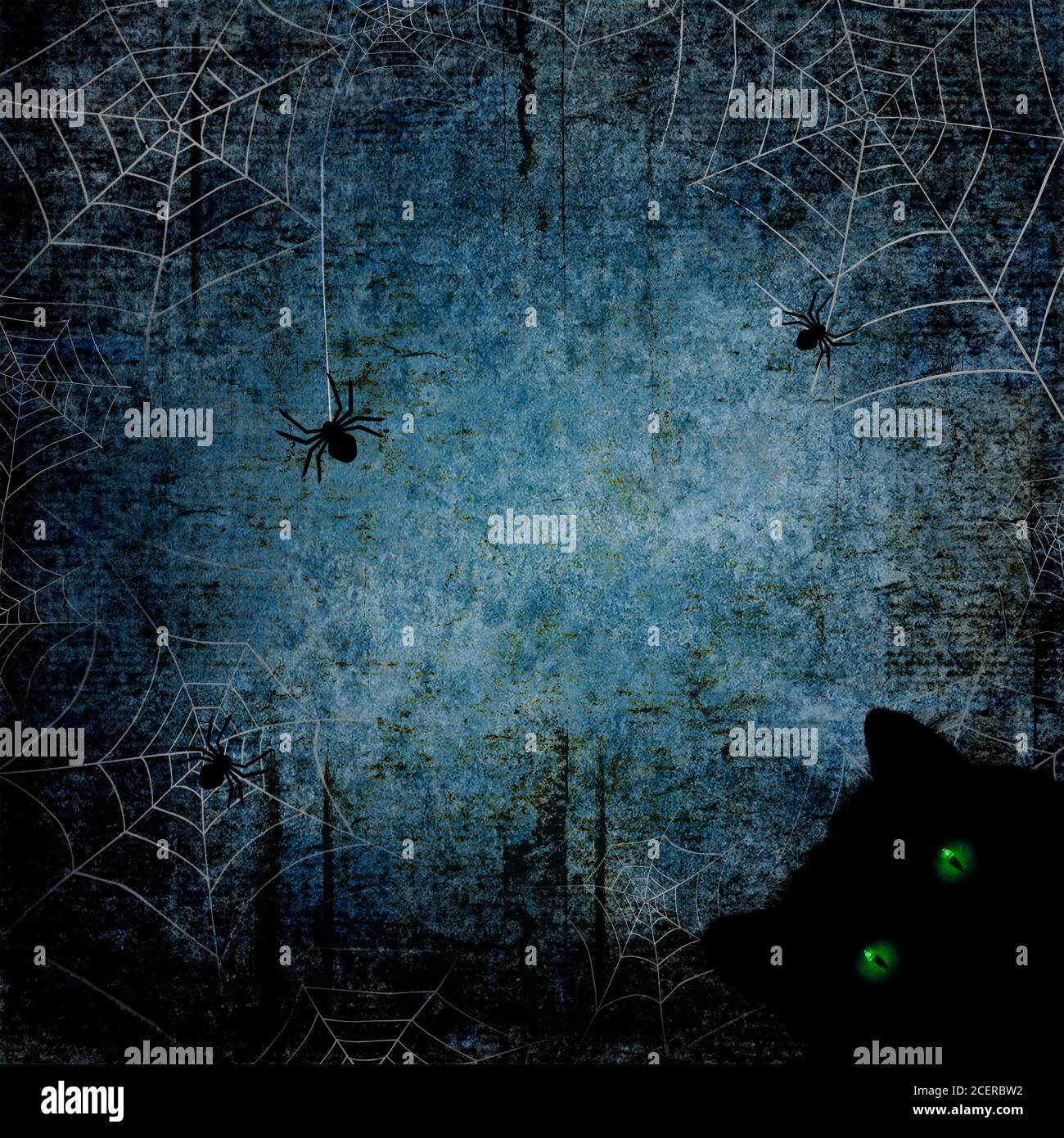 Halloween blue navy gray grunge background with black cat with green ...