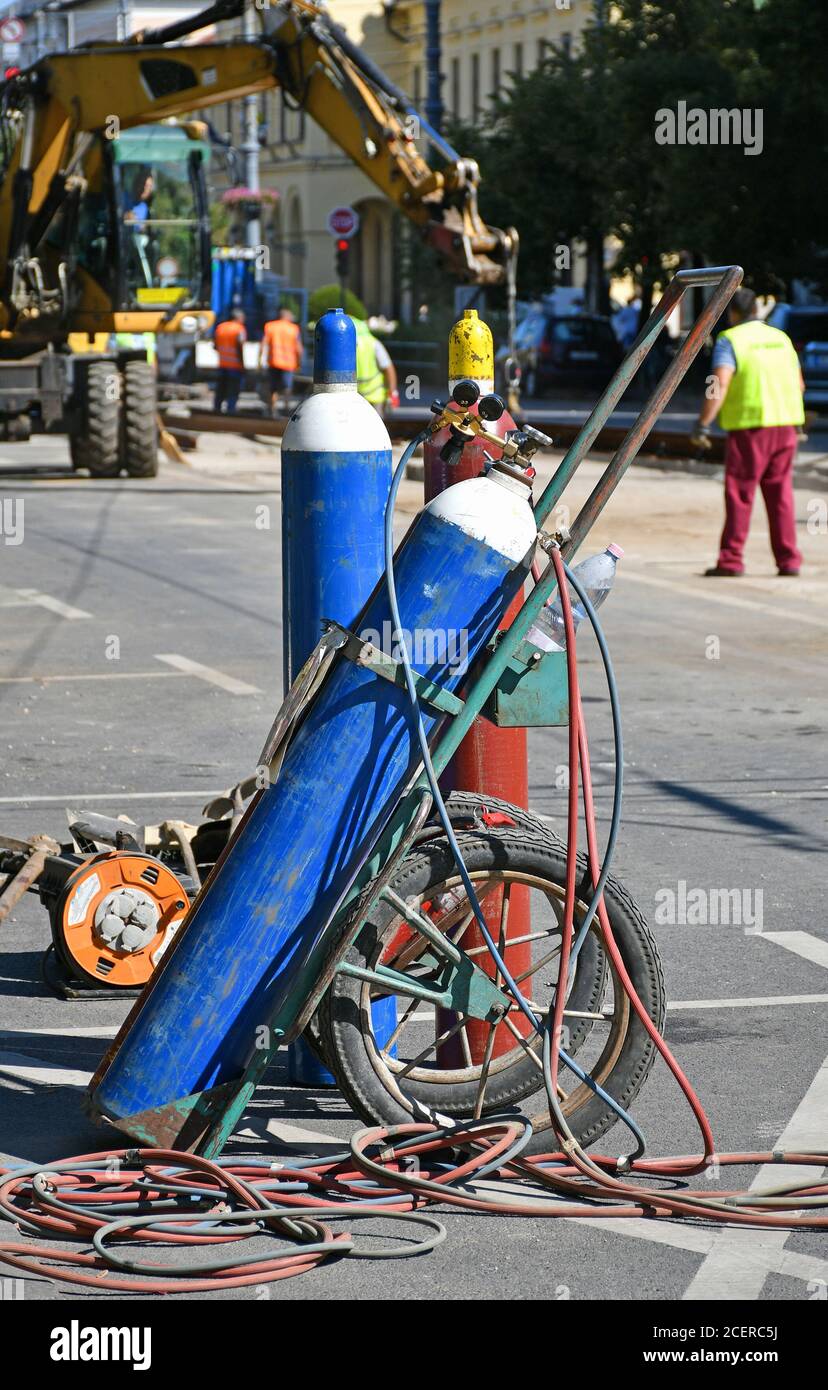 Gas containers for welding at the construction site Stock Photo - Alamy